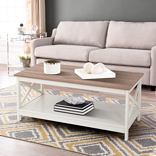 Sophia & William Coffee Table Farmhouse Cocktail Table with Storage Shelf, Wood Look Accent Furniture for Living Room, Ivory