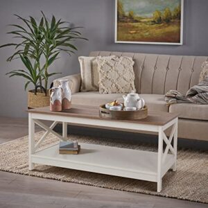 Sophia & William Coffee Table Farmhouse Cocktail Table with Storage Shelf, Wood Look Accent Furniture for Living Room, Ivory