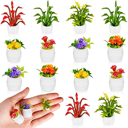 14 Pieces Dollhouse Plant Miniature Bonsai Plant Mini Potted Plant Flower Model Tiny Fake Greenery Ornament Dollhouse Furniture for Christmas Toddlers Girls and Boys (Vivid Style)