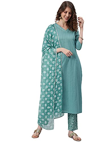 Janasya Women's Blue Cotton Kurta With Pant And Printed Dupatta