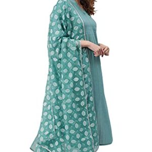 Janasya Women's Blue Cotton Kurta With Pant And Printed Dupatta