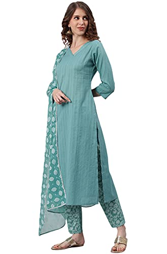 Janasya Women's Blue Cotton Kurta With Pant And Printed Dupatta