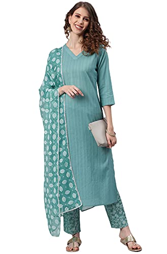 Janasya Women's Blue Cotton Kurta With Pant And Printed Dupatta