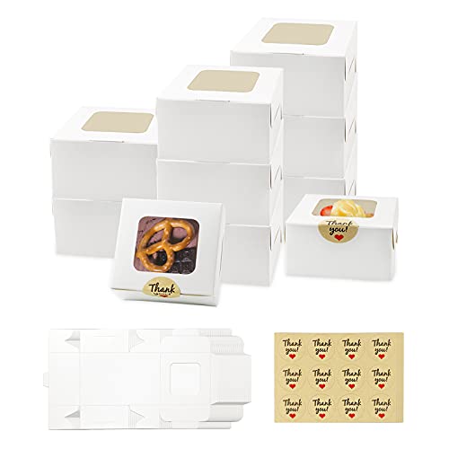 TKOnline 50 Pack 4 x 4 x 2.5 Inches Small Cookie Boxes with Window White Bakery Boxes Cake Boxes White Pastry Boxes for Mini Cookies, Cupcakes, Dessert, Single Donut, Stickers Included