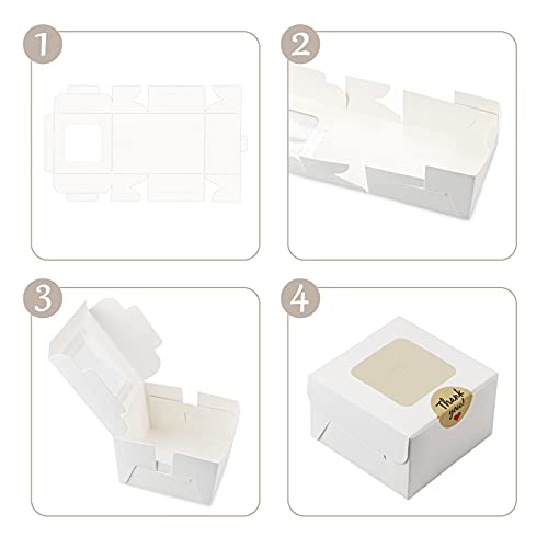 TKOnline 50 Pack 4 x 4 x 2.5 Inches Small Cookie Boxes with Window White Bakery Boxes Cake Boxes White Pastry Boxes for Mini Cookies, Cupcakes, Dessert, Single Donut, Stickers Included