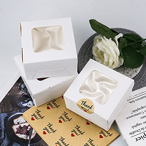 TKOnline 50 Pack 4 x 4 x 2.5 Inches Small Cookie Boxes with Window White Bakery Boxes Cake Boxes White Pastry Boxes for Mini Cookies, Cupcakes, Dessert, Single Donut, Stickers Included