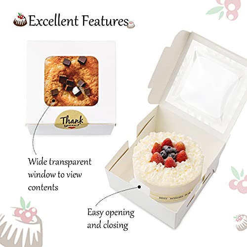 TKOnline 50 Pack 4 x 4 x 2.5 Inches Small Cookie Boxes with Window White Bakery Boxes Cake Boxes White Pastry Boxes for Mini Cookies, Cupcakes, Dessert, Single Donut, Stickers Included