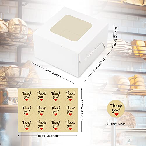 TKOnline 50 Pack 4 x 4 x 2.5 Inches Small Cookie Boxes with Window White Bakery Boxes Cake Boxes White Pastry Boxes for Mini Cookies, Cupcakes, Dessert, Single Donut, Stickers Included