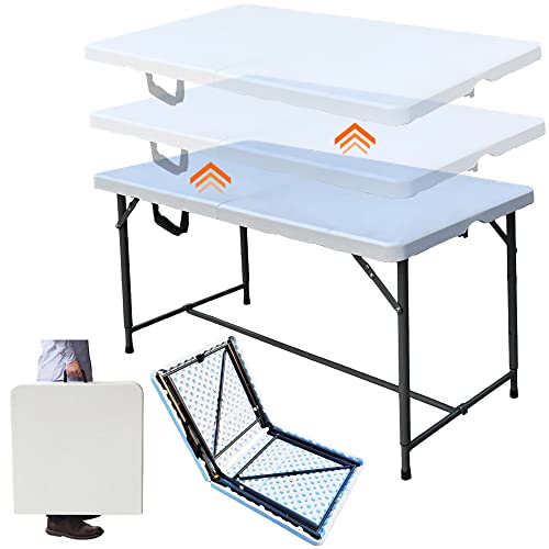 BOSOVEL 4ft Folding Table 3 Adjustable Height, 35 inch Height Portable Plastic Table for DJ Kitchen Party Camping Picnic Dining, Fold in Half w/Handle, White