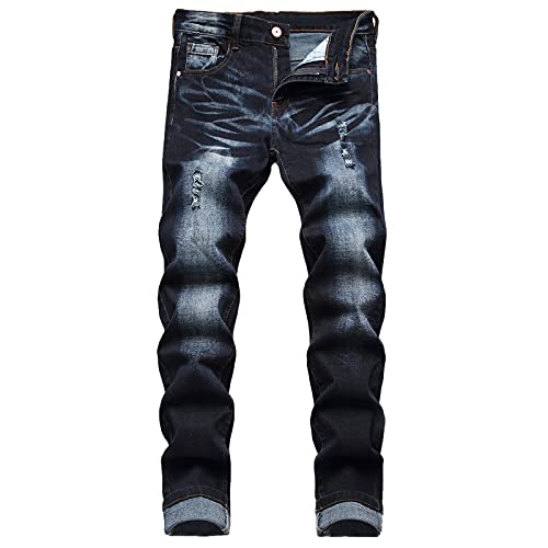 JUNBAOSS Men's Ripped Distressed Destroyed Straight Fit Washed Denim Jeans Mens Ripped Jeans Skinny Jeans for Men Slim Fit Distressed Black Ripped Jeans for Men