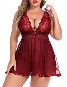 avidlove plus size lace babydoll lingerie for women sexy nighty mesh deep v sleepdress cardinal red