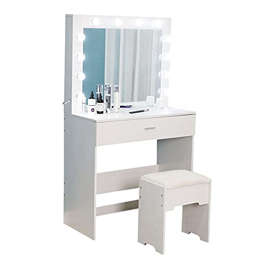 TEEGUI Vanity Set with Lighted Mirror, Makeup Vanity Dressing Table Dresser Desk Chair with Large Drawer for Bedroom, White Bedroom Furniture(12 Cool LED Bulbs) [US Shipping]