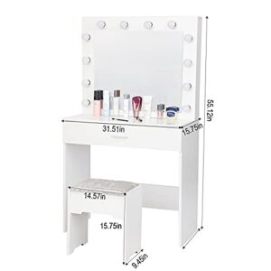 TEEGUI Vanity Set with Lighted Mirror, Makeup Vanity Dressing Table Dresser Desk Chair with Large Drawer for Bedroom, White Bedroom Furniture(12 Cool LED Bulbs) [US Shipping]