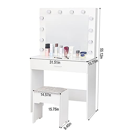 TEEGUI Vanity Set with Lighted Mirror, Makeup Vanity Dressing Table Dresser Desk Chair with Large Drawer for Bedroom, White Bedroom Furniture(12 Cool LED Bulbs) [US Shipping]