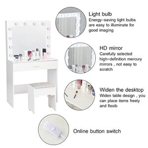 TEEGUI Vanity Set with Lighted Mirror, Makeup Vanity Dressing Table Dresser Desk Chair with Large Drawer for Bedroom, White Bedroom Furniture(12 Cool LED Bulbs) [US Shipping]