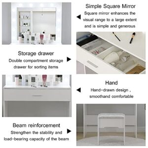 TEEGUI Vanity Set with Lighted Mirror, Makeup Vanity Dressing Table Dresser Desk Chair with Large Drawer for Bedroom, White Bedroom Furniture(12 Cool LED Bulbs) [US Shipping]