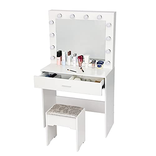 TEEGUI Vanity Set with Lighted Mirror, Makeup Vanity Dressing Table Dresser Desk Chair with Large Drawer for Bedroom, White Bedroom Furniture(12 Cool LED Bulbs) [US Shipping]