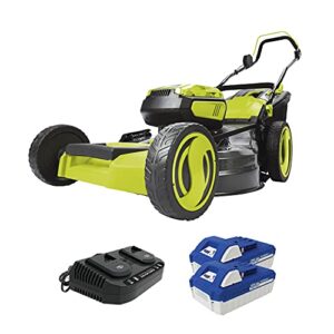 sun joe 24v-x2-21lm 48-volt 21-inch 1100-watt max brushless cordless lawn mower, 7-position mowing height adjustment w/rear collection bag