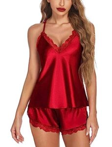 avidlove women's sexy silk satin pajamas sets lace trim cami tops shorts sleepwear wine red x-large