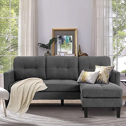 Grepatio Convertible Sectional Sofa Couch, L-Shaped Couch with Modern Linen Fabric for Small Space (Grey)