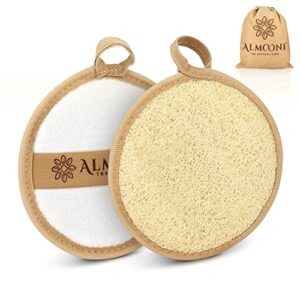 almooni premium egyptian exfoliating loofah pad body scrubber - round loofa shape - made with natural egyptian shower lufa sponge that gets you clean - not just spreading soap -2 pack