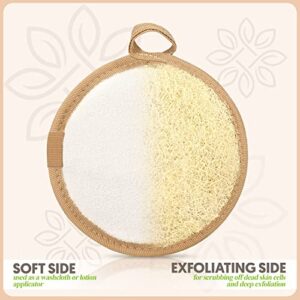 Almooni Premium Egyptian Exfoliating Loofah Pad Body Scrubber - Round loofa Shape - Made with Natural Egyptian Shower lufa Sponge That Gets You Clean - Not Just Spreading Soap -2 Pack