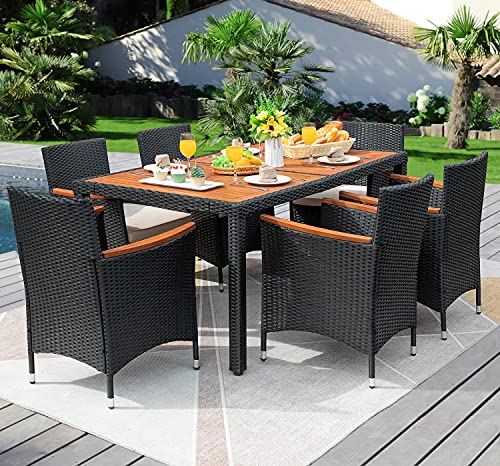 Flamaker 7 PCS Outdoor Patio Dining Set, Outdoor Patio Furniture Set, Rattan Chairs with Large Wood Table for Garden and Yard