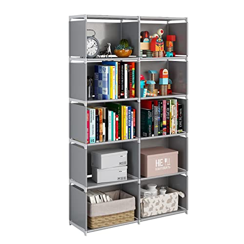 JIUYOTREE 6-Tiers Portable Bookshelf with Fabric Cloth at Back, 10 Cube Closet Storage Organizer Bookcase, Living Room,Study Room,Bedroom, Grey