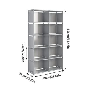 JIUYOTREE 6-Tiers Portable Bookshelf with Fabric Cloth at Back, 10 Cube Closet Storage Organizer Bookcase, Living Room,Study Room,Bedroom, Grey