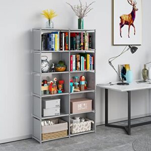 JIUYOTREE 6-Tiers Portable Bookshelf with Fabric Cloth at Back, 10 Cube Closet Storage Organizer Bookcase, Living Room,Study Room,Bedroom, Grey