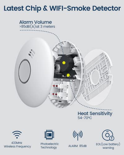 Ecoey WiFi Smoke Detector, WiFi Smoke Alarm with Photoelectric Technology and LED, Smoke Alarm with Test&Silence Function and Low Battery Warning for Home (Not 5G), TUYA APP, FJ158D-H04, 2 Packs