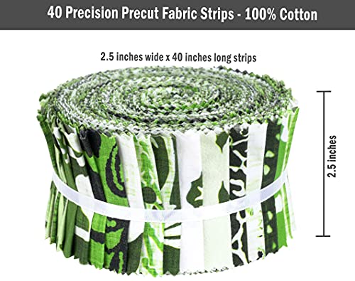 Soimoi 40Pcs Block Print Cotton Precut Fabrics for Quilting Craft Strips 2.5x42inches Jelly Roll - Green