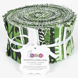 Soimoi 40Pcs Block Print Cotton Precut Fabrics for Quilting Craft Strips 2.5x42inches Jelly Roll - Green