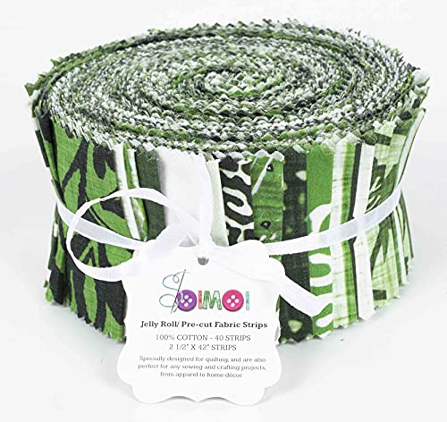 Soimoi 40Pcs Block Print Cotton Precut Fabrics for Quilting Craft Strips 2.5x42inches Jelly Roll - Green