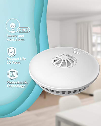 Ecoey Fire Alarms Smoke Detectors, 10-Year Smoke and Heat Detector with Built-in Battery for Home Bedroom, Smoke Detector and Heat Alarm with Easy Install and Test Button, FJ192, 2 Packs