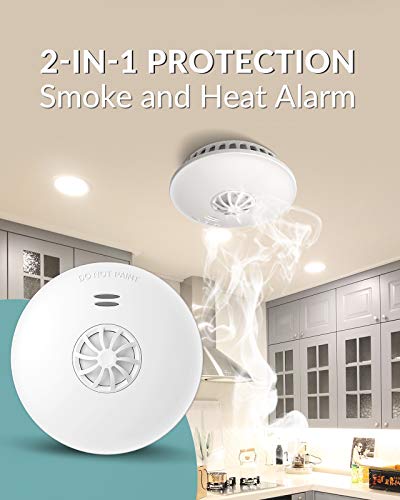 Ecoey Fire Alarms Smoke Detectors, 10-Year Smoke and Heat Detector with Built-in Battery for Home Bedroom, Smoke Detector and Heat Alarm with Easy Install and Test Button, FJ192, 2 Packs