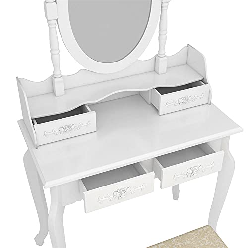 JXMS Makeup Mirror Desk Chair 3Pc Vanity Desk Set Makeup Storage Organizer Computer Desk Dresser with Cushioned Stool for Bedroom Swivel Mirror Modern Vanity 4 Drawers -White Without Lights