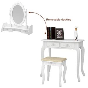 JXMS Makeup Mirror Desk Chair 3Pc Vanity Desk Set Makeup Storage Organizer Computer Desk Dresser with Cushioned Stool for Bedroom Swivel Mirror Modern Vanity 4 Drawers -White Without Lights