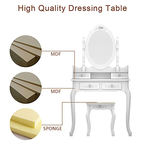 JXMS Makeup Mirror Desk Chair 3Pc Vanity Desk Set Makeup Storage Organizer Computer Desk Dresser with Cushioned Stool for Bedroom Swivel Mirror Modern Vanity 4 Drawers -White Without Lights