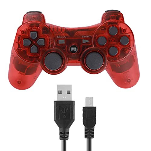 Linkshare wireless controller for ps3, double vibration bluetooth gamepad remote for playstation 3 with Charging Cord (clear red)