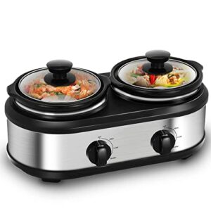 double slow cooker, buffet servers and warmers, dual 2 pot slow cooker food warmer, adjustable temp dishwasher safe removable ceramic pot glass lid, 2 x 1.25 qt portable small crock cooker