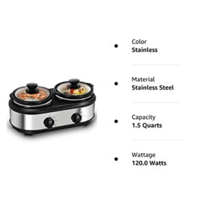 Double Slow Cooker, Buffet Servers and Warmers, Dual 2 Pot Slow Cooker Food Warmer, Adjustable Temp Dishwasher Safe Removable Ceramic Pot Glass Lid, 2 x 1.25 QT Portable Small Crock Cooker