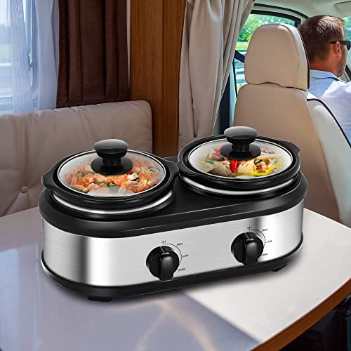 Double Slow Cooker, Buffet Servers and Warmers, Dual 2 Pot Slow Cooker Food Warmer, Adjustable Temp Dishwasher Safe Removable Ceramic Pot Glass Lid, 2 x 1.25 QT Portable Small Crock Cooker