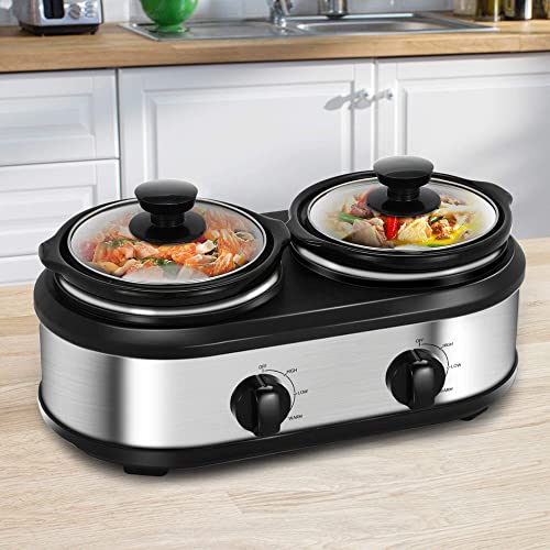 Double Slow Cooker, Buffet Servers and Warmers, Dual 2 Pot Slow Cooker Food Warmer, Adjustable Temp Dishwasher Safe Removable Ceramic Pot Glass Lid, 2 x 1.25 QT Portable Small Crock Cooker