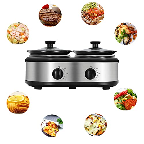 Double Slow Cooker, Buffet Servers and Warmers, Dual 2 Pot Slow Cooker Food Warmer, Adjustable Temp Dishwasher Safe Removable Ceramic Pot Glass Lid, 2 x 1.25 QT Portable Small Crock Cooker