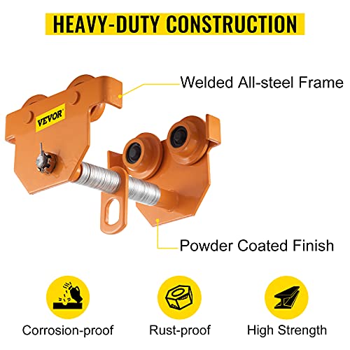 VEVOR 0.5 Ton Manual, 1100 LBS/0.5T Load Capacity Trolley, 2.5-8 inch Adjustable Width Push Beam with Dual Wheels, Orange