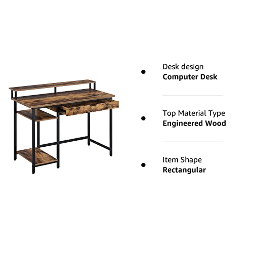 Rolanstar Computer Desk with Monitor Shelf and Drawer, 47" Home Office Writing Desk, Study Table Workstation, Stable Metal Frame, Rustic Brown