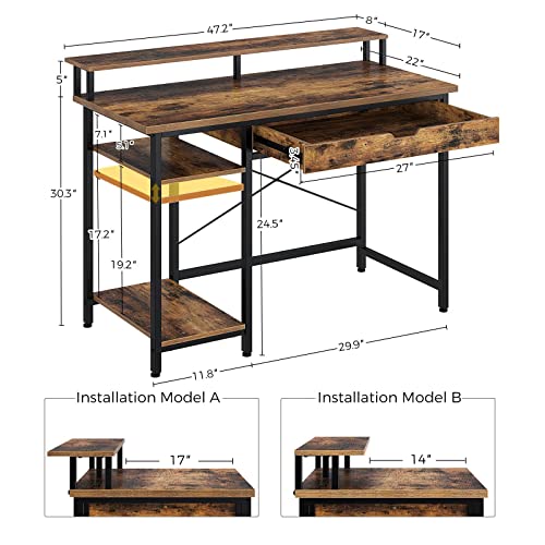 Rolanstar Computer Desk with Monitor Shelf and Drawer, 47" Home Office Writing Desk, Study Table Workstation, Stable Metal Frame, Rustic Brown