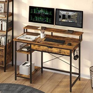 Rolanstar Computer Desk with Monitor Shelf and Drawer, 47" Home Office Writing Desk, Study Table Workstation, Stable Metal Frame, Rustic Brown