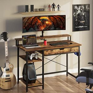 Rolanstar Computer Desk with Monitor Shelf and Drawer, 47" Home Office Writing Desk, Study Table Workstation, Stable Metal Frame, Rustic Brown